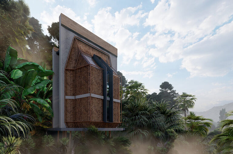 shomali studio envisions a cluster of faceted 'eibche' dwellings in bali