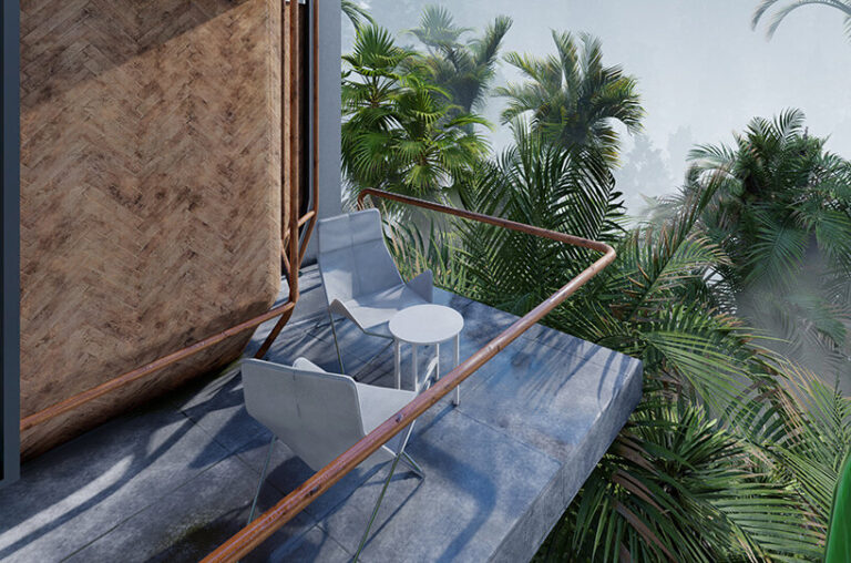 shomali studio envisions a cluster of faceted 'eibche' dwellings in bali