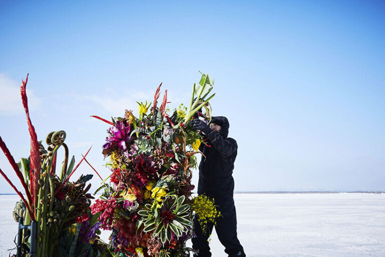 in frozen flowers, azuma makoto uses ice to preserve floral installations