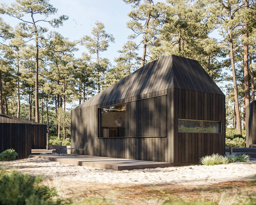 koto designs triangular prefabricated cabins clad with charred wood
