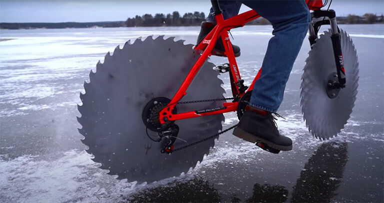 the Q replaces wheels on bike with massive circular saw blades to ride ...