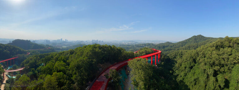 an elevated red path connects the 'forest and sports park' in shenzhen