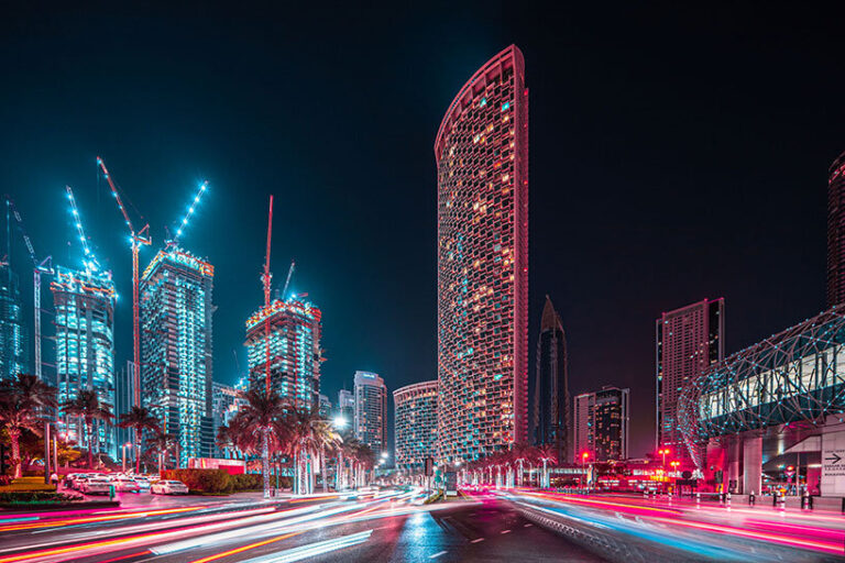 xavier portela makes dubai glow in dazzling hues of pink and blue