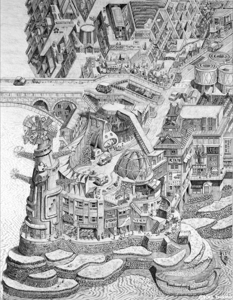 yota tsukino meticulously renders retrofuturistic cityscapes in pencil