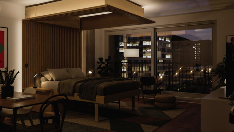 the ori cloud bed transforms into a home office at the touch of a button