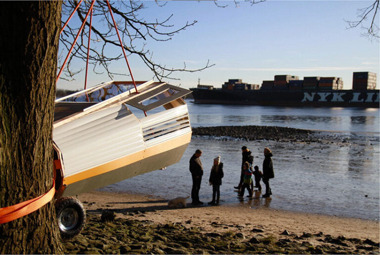 portable treehouse can be towed on a bike to provide shelter anywhere