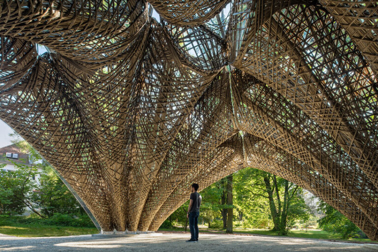 robotically wound flax fiber builds the 'livMatS pavilion' in freiburg