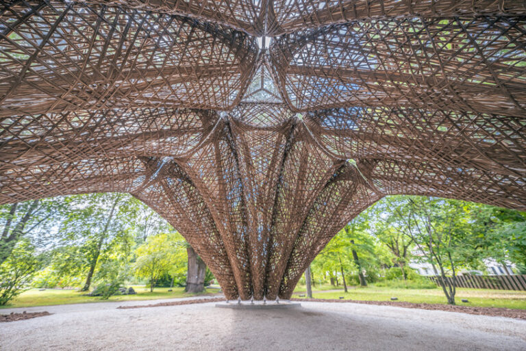 robotically wound flax fiber builds the 'livMatS pavilion' in freiburg