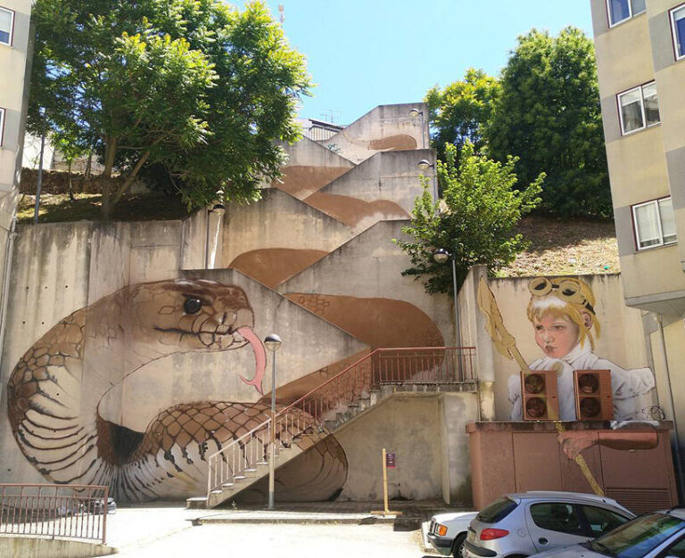 a giant snake moves down a massive staircase in this graffiti by SFHIR ...