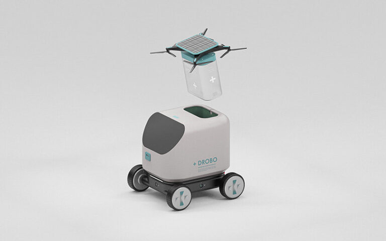 drobo is a medical product delivery robot with a solar-powered drone