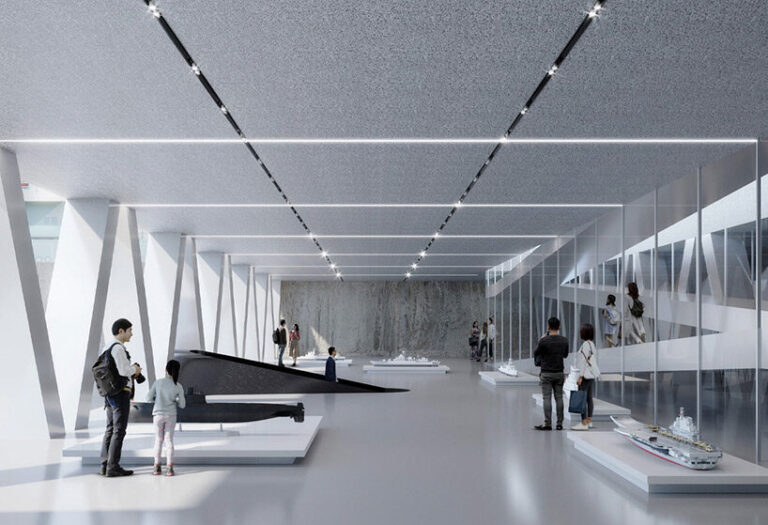 the 'submarine museum' emerges as a mirror-clad bridge over the huangpu ...