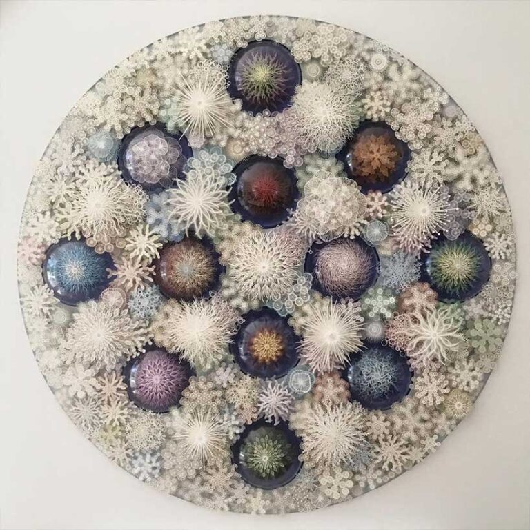 rogan brown intricately cuts-out coral garden capturing nature's fragility