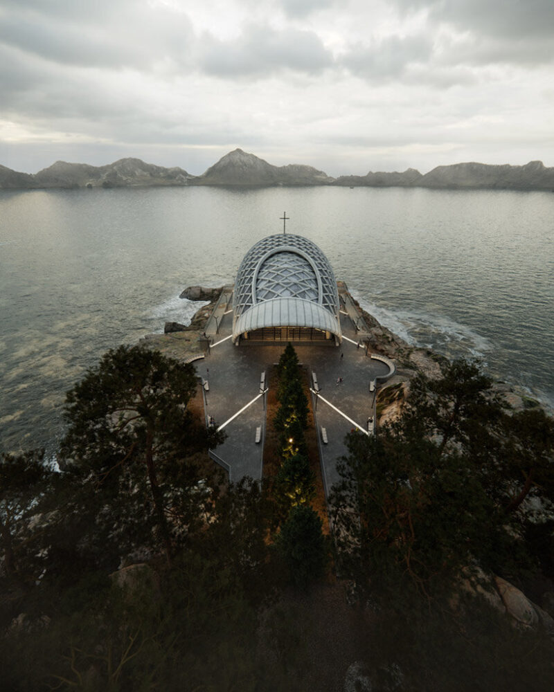 bair design envisions luminous chapel of concrete shells on norway coast