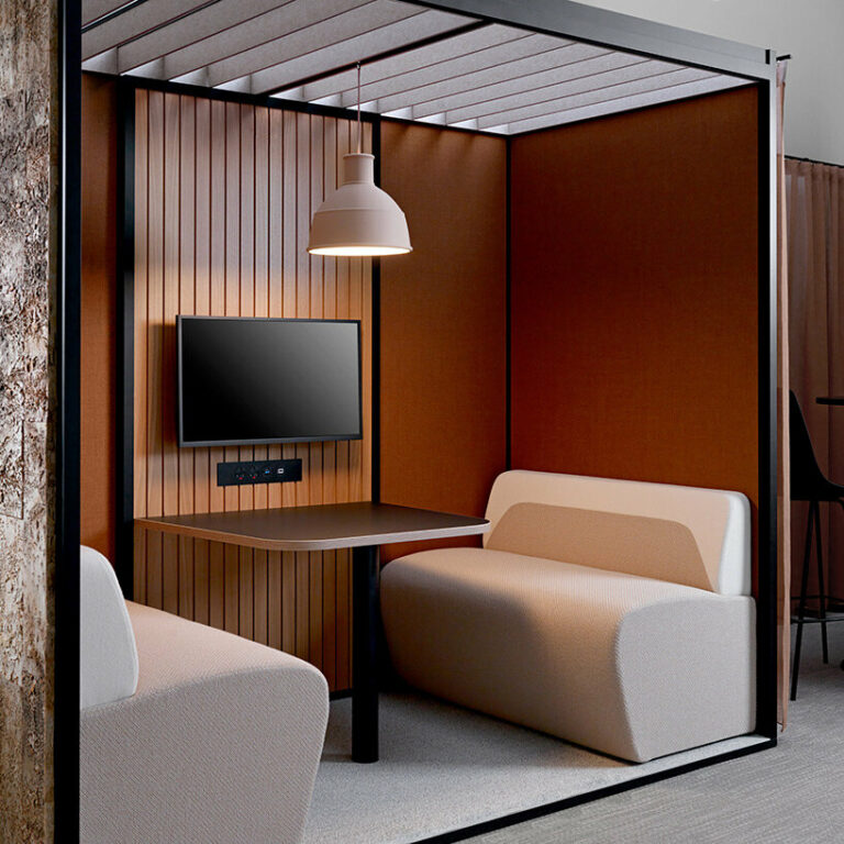 boss design adapts to the flexible workspace with cocoon-like chair & pods