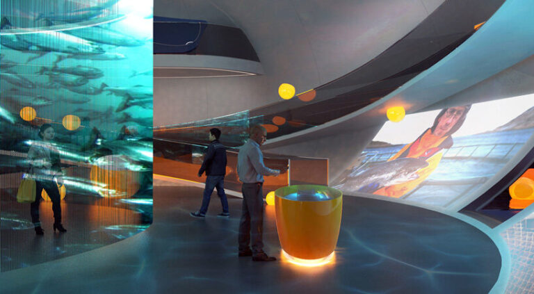 'salmon eye', a floating exhibition center devoted to aquaculture ...