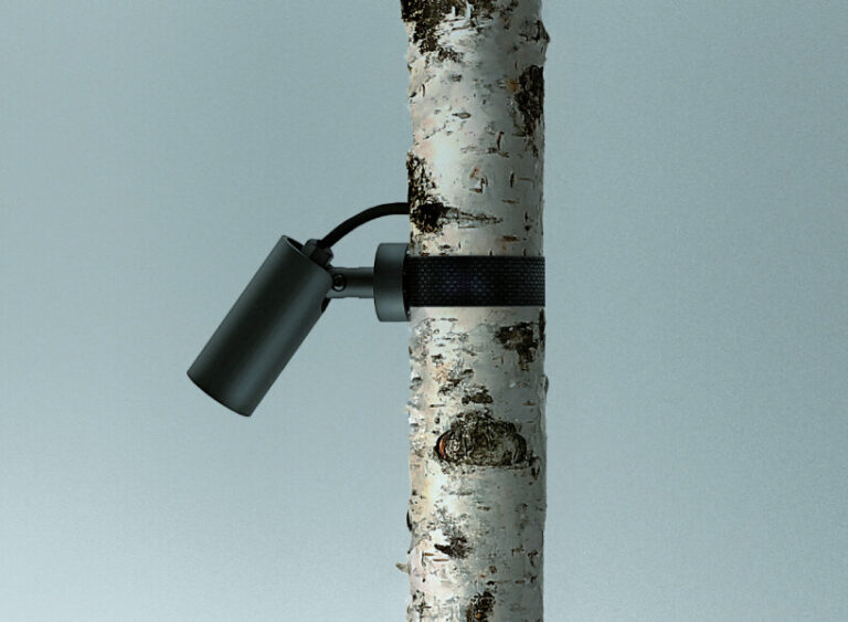 CCTV-shaped tube lights by 'quick lighting' can be strapped to trees