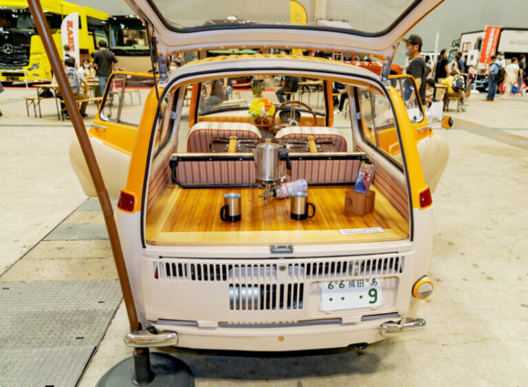 custom subaru 360 beach van oozes summer vibes with its orange hood and ...
