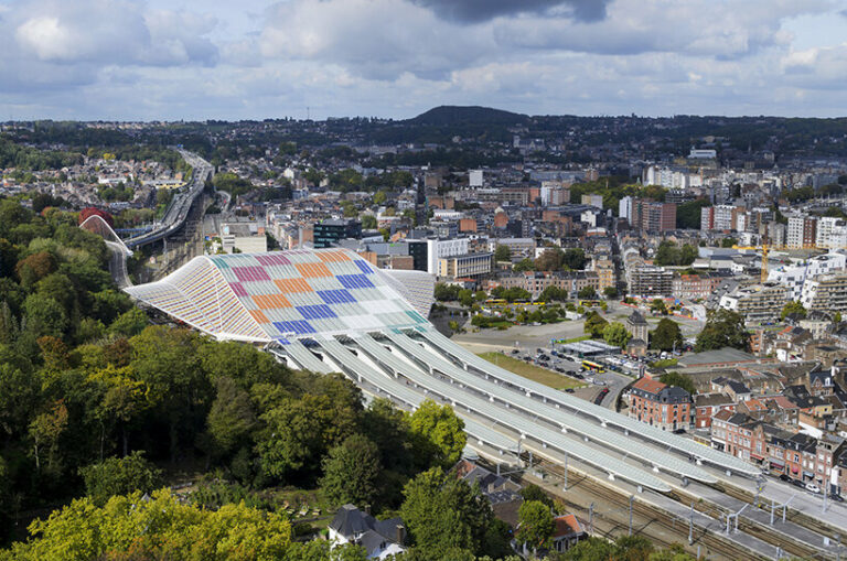 calatrava's railway station in belgium is illuminated by daniel buren