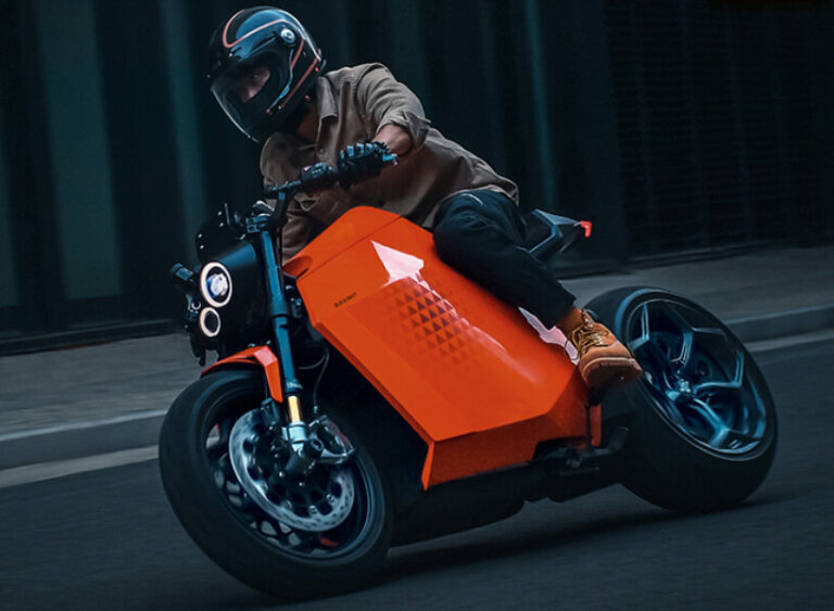 self-balancing davinci DC100 robotic electric motorcycle at CES 2023
