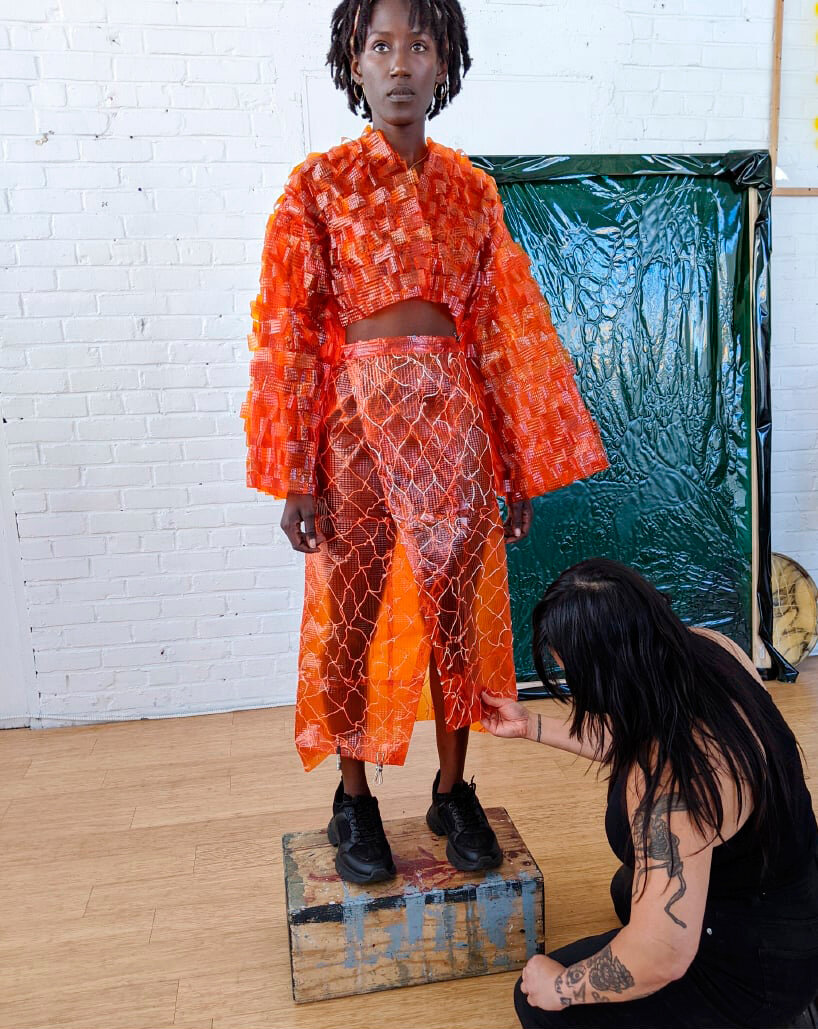 bioplastic couture collection explores sustainable fabric options