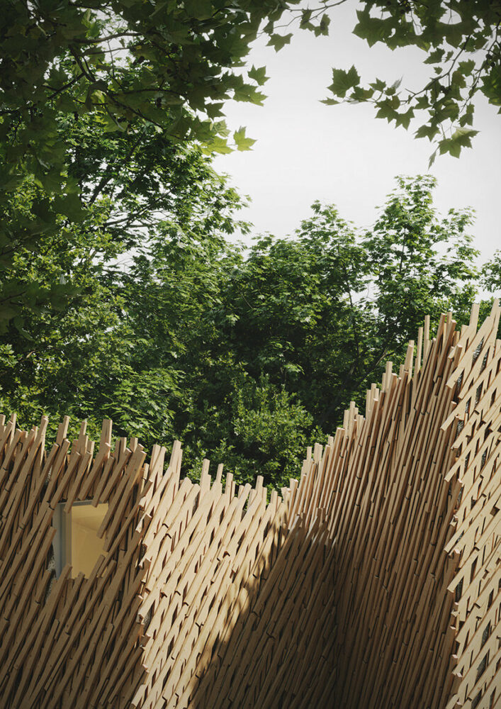 overlapping wooden slabs envelop syndicate architects' pavilion in ...