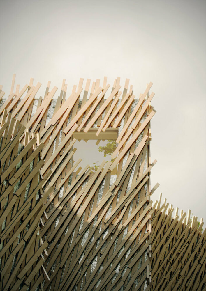 overlapping wooden slabs envelop syndicate architects' pavilion in ...