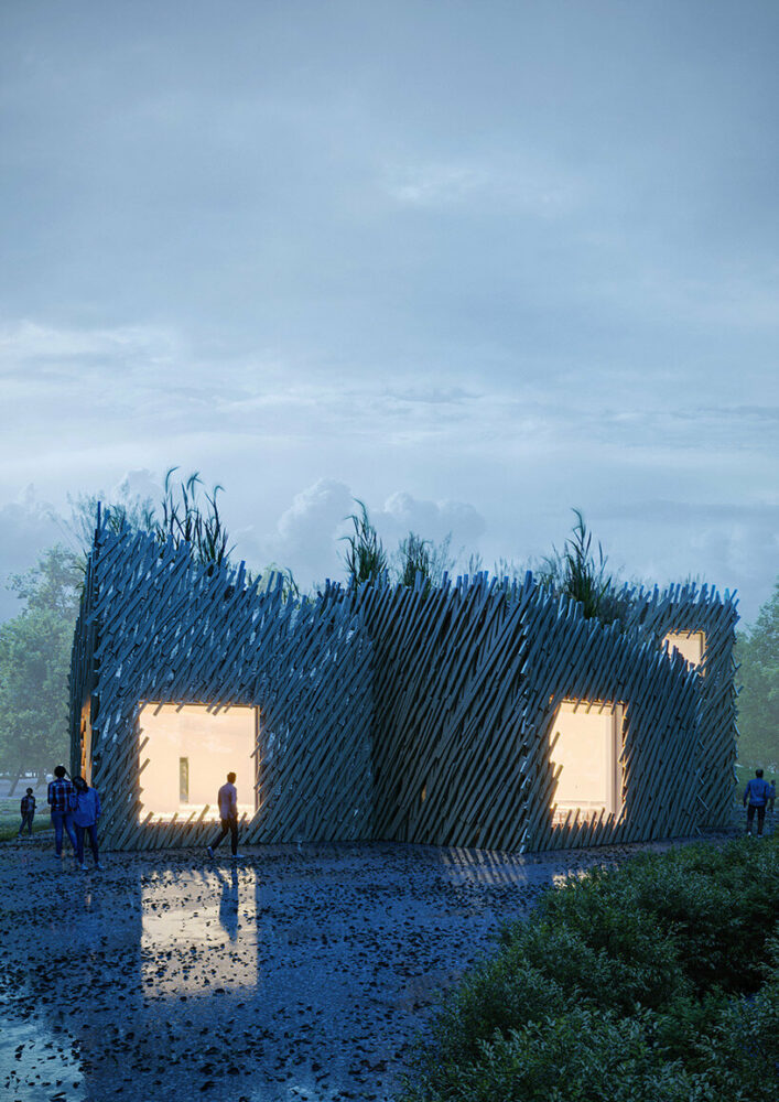 overlapping wooden slabs envelop syndicate architects' pavilion in ...