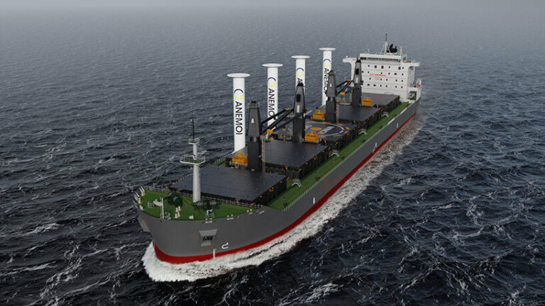 anemoi's mechanic rotor sails capture wind power to propel ships into a sustainable future
