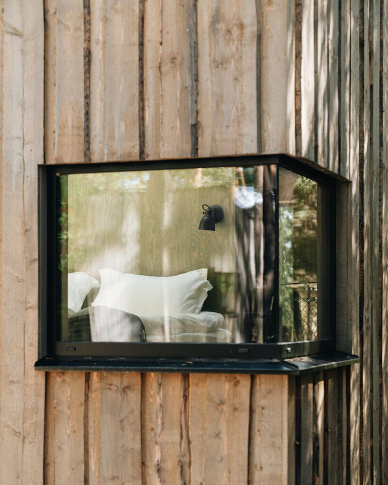 the trakt forest hotel hovers amid treetops in swedish pinewoods