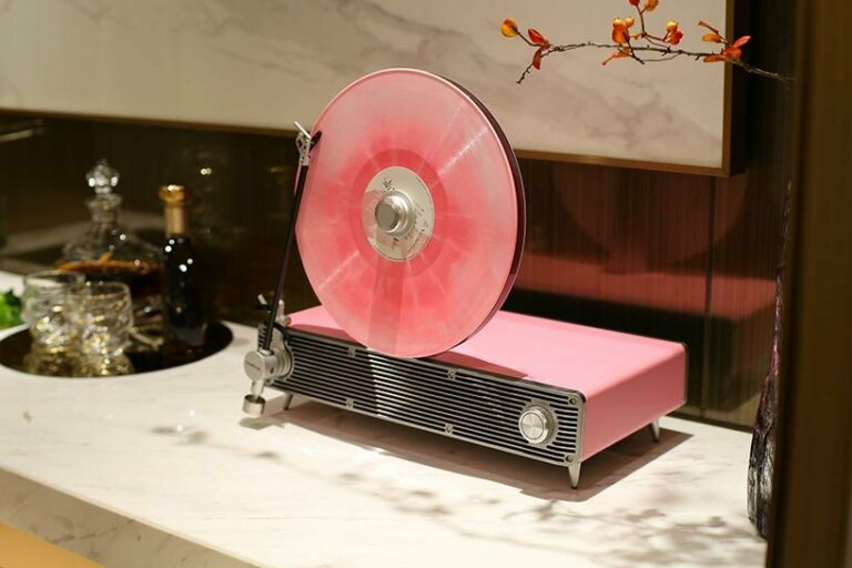 vertical turntable brings bold colors & vintage mood to any room