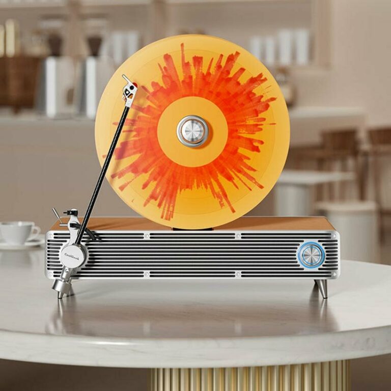 vertical turntable brings bold colors & vintage mood to any room