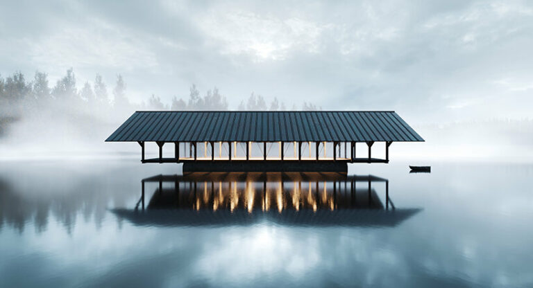 marc thorpe designs a serene pavilion floating over a crystal lake