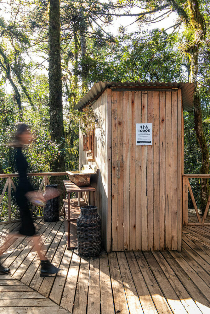 a set of wooden restroom cabins peeks through the treetops of native ...