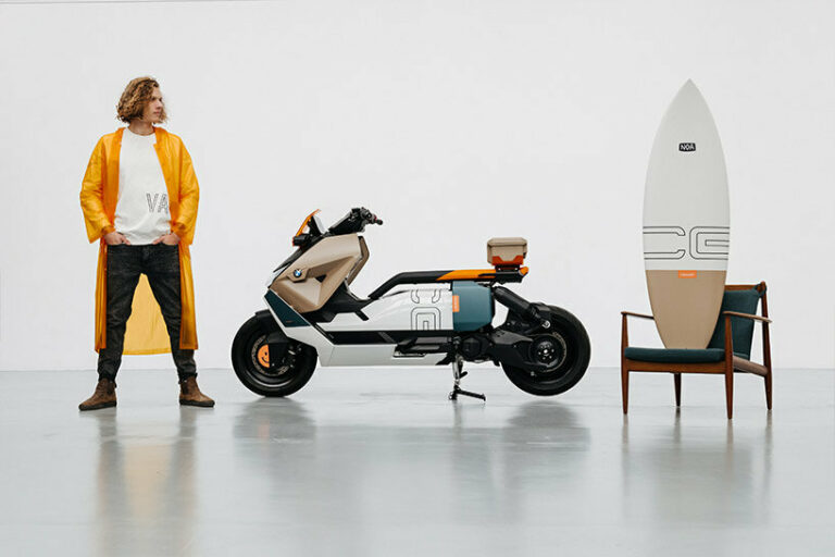 BMW CE 04 custom e-scooter comes with a surfboard rack and a smiley face