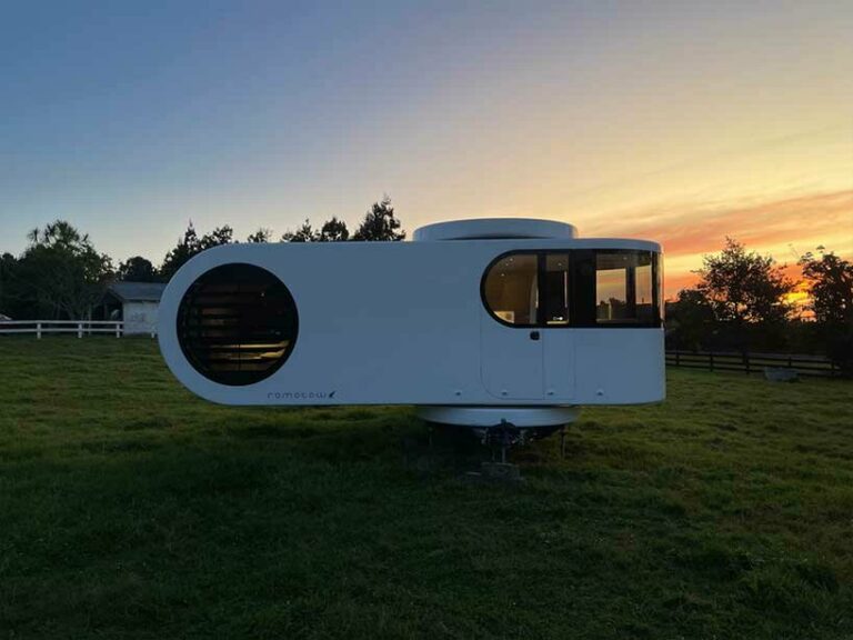 romotow camping trailer swivels out to form spacious deck lounge