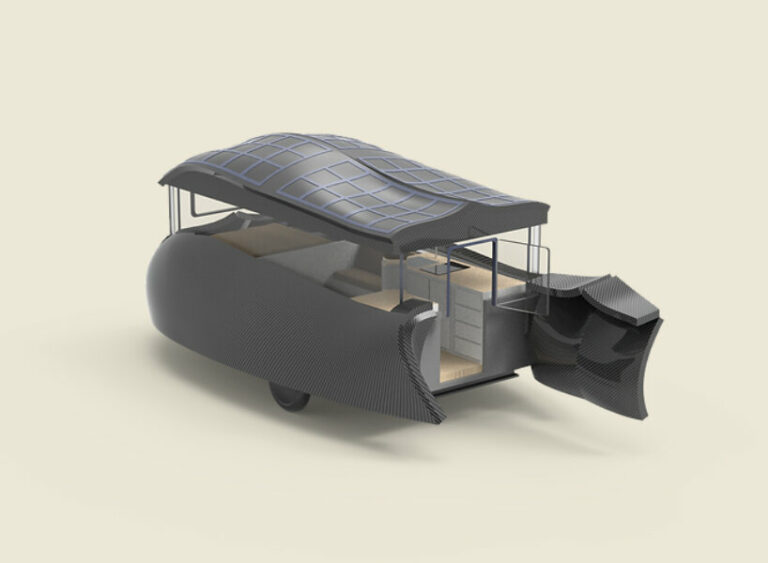 towable RV trailer with modular furniture expands vertically into a ...