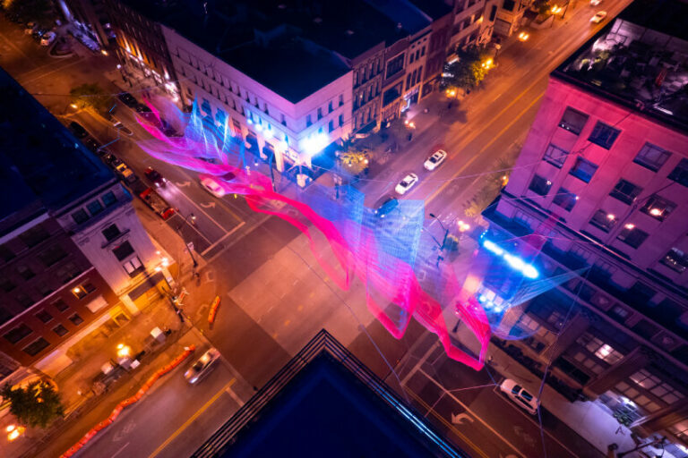looming over columbus, 500,000 knots weave janet echelman's lucid fiber tapestry 'current'