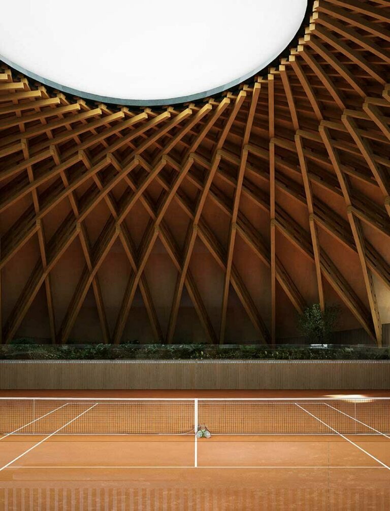domed timber rooftop by victor ortiz to enclose tennis court in brazil