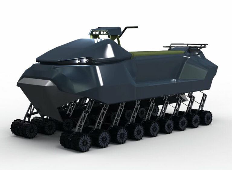 electric jet ski with 18 wheels surfs over water, land, & rocks as all ...