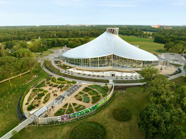 a spiraling ETFE roof tops 'the leaf' botanical gardens in canada