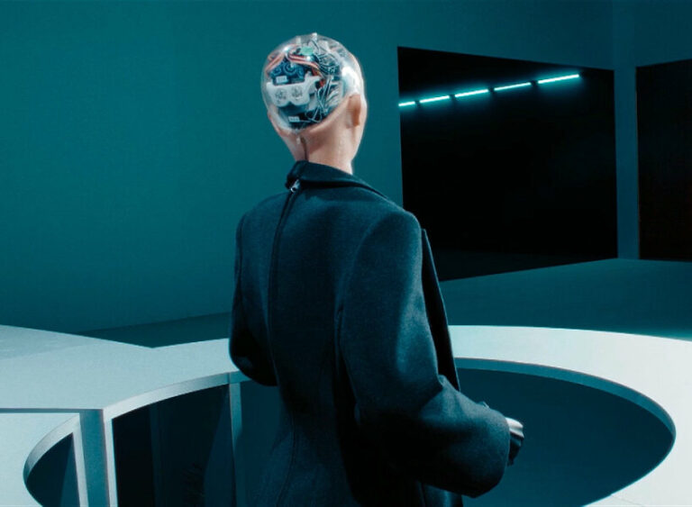 sophia the robot receives and interacts with guests at BOSS techtopia FW23 show in milan