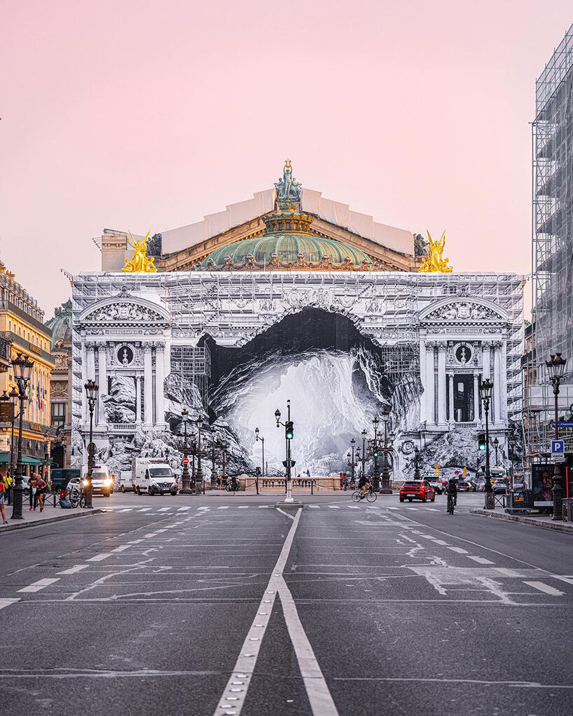 JR reimagines palais garnier's scaffolding as entrance of a cave