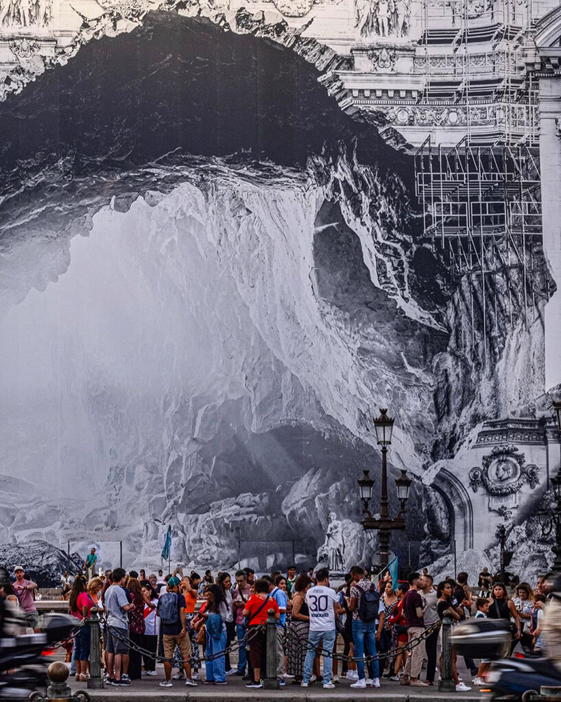 JR reimagines palais garnier's scaffolding as entrance of a cave