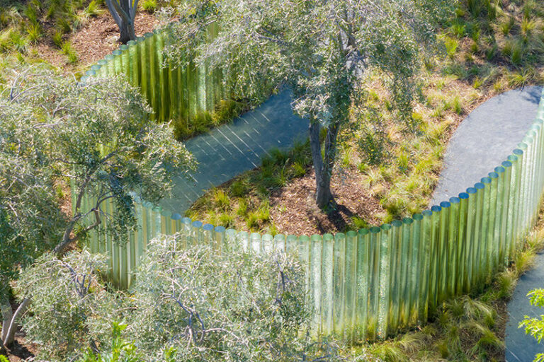 mirage sculpture at apple park unfolds as iridescent glass pillars