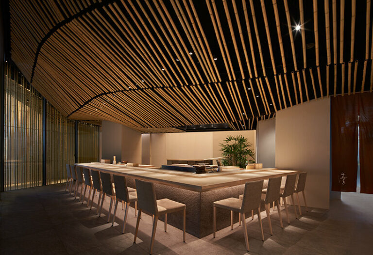 inside kengo kuma's bamboo-lined SUZUKI sushi bar in singapore