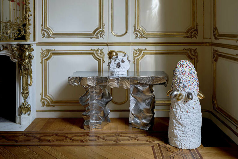 max lamb sculpts leather into silver 'clouds' at design miami/ paris