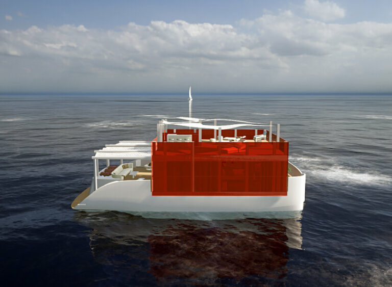 red glass house built on top of aluminum catamaran makes up the ...