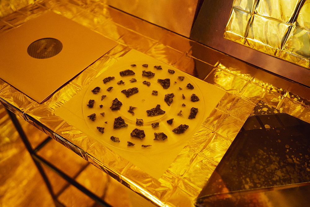 vinyl record with real outer space rocks spins during miami art week