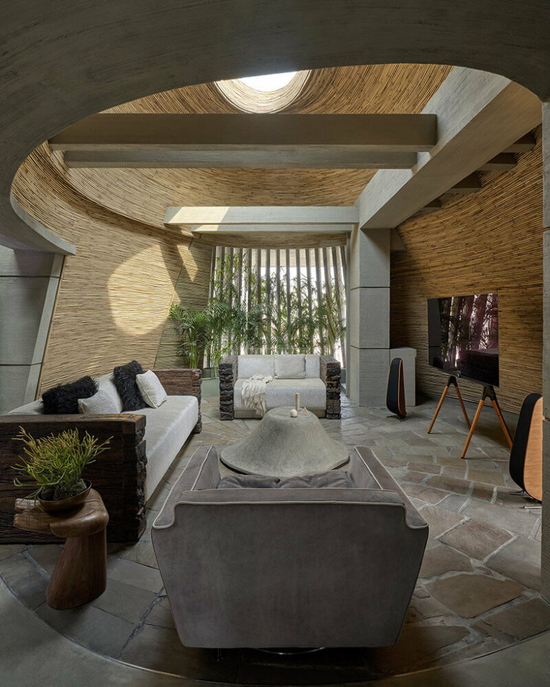 atrey design studio's tilted workspace resembles the swaying trees