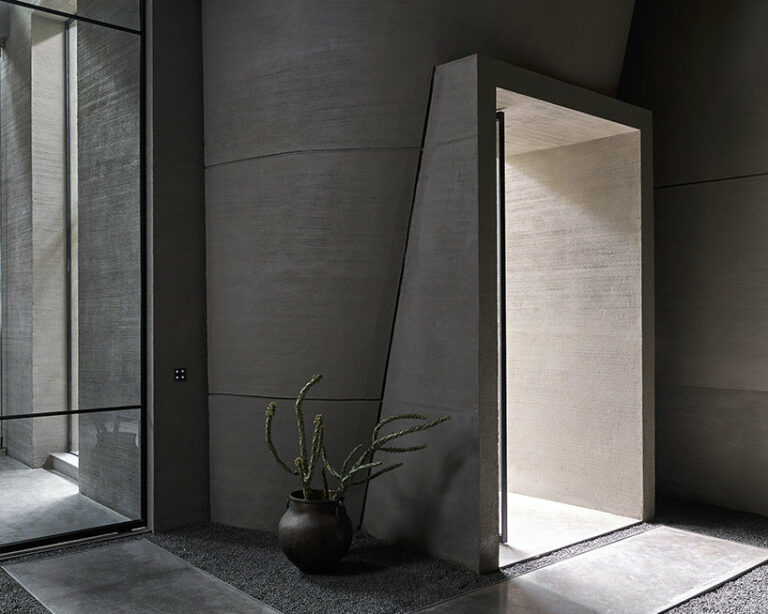 atrey design studio's tilted workspace resembles the swaying trees